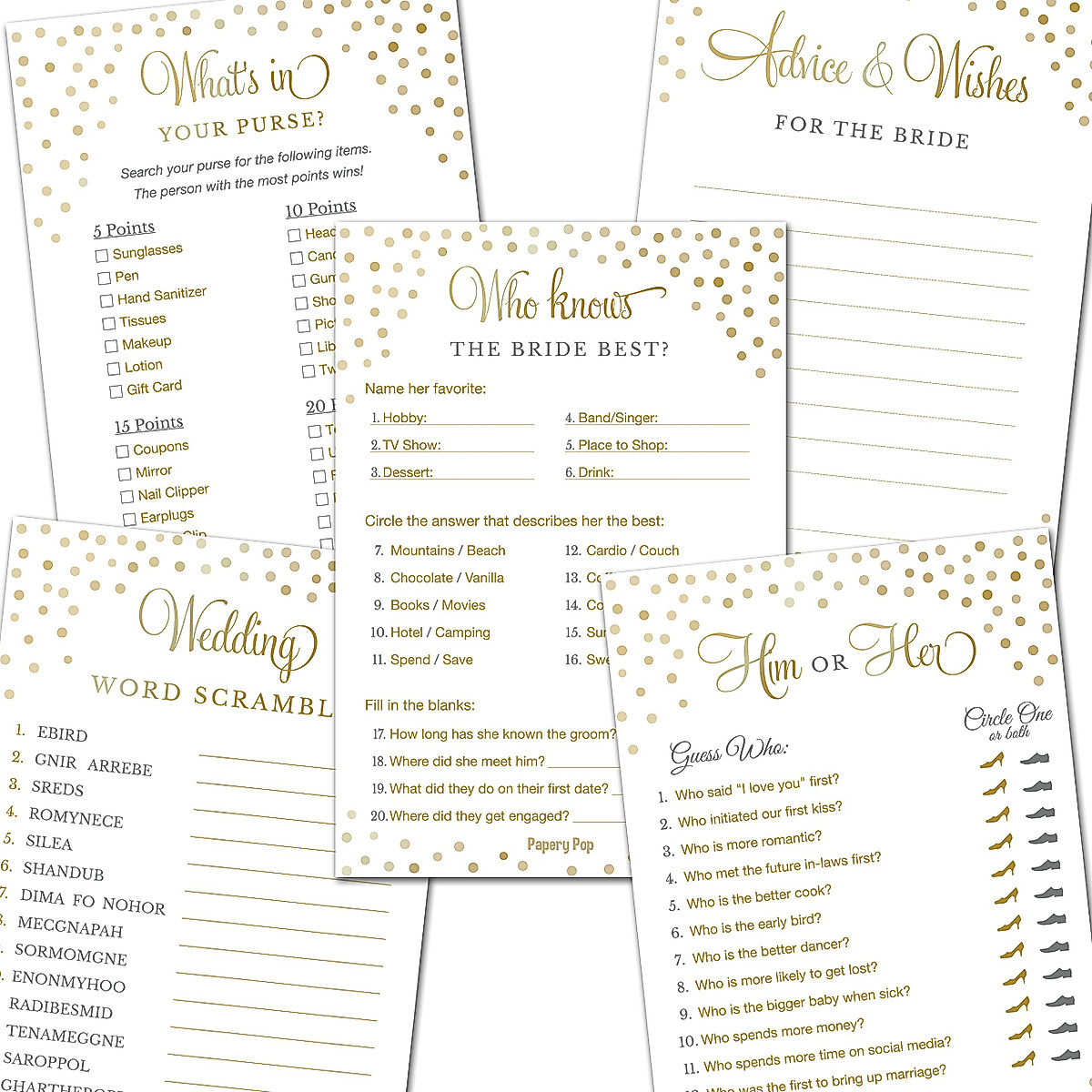 Bridal Shower Games - 5 Activities for 50 Guests - Double Sided Games - Gold Polka Dots