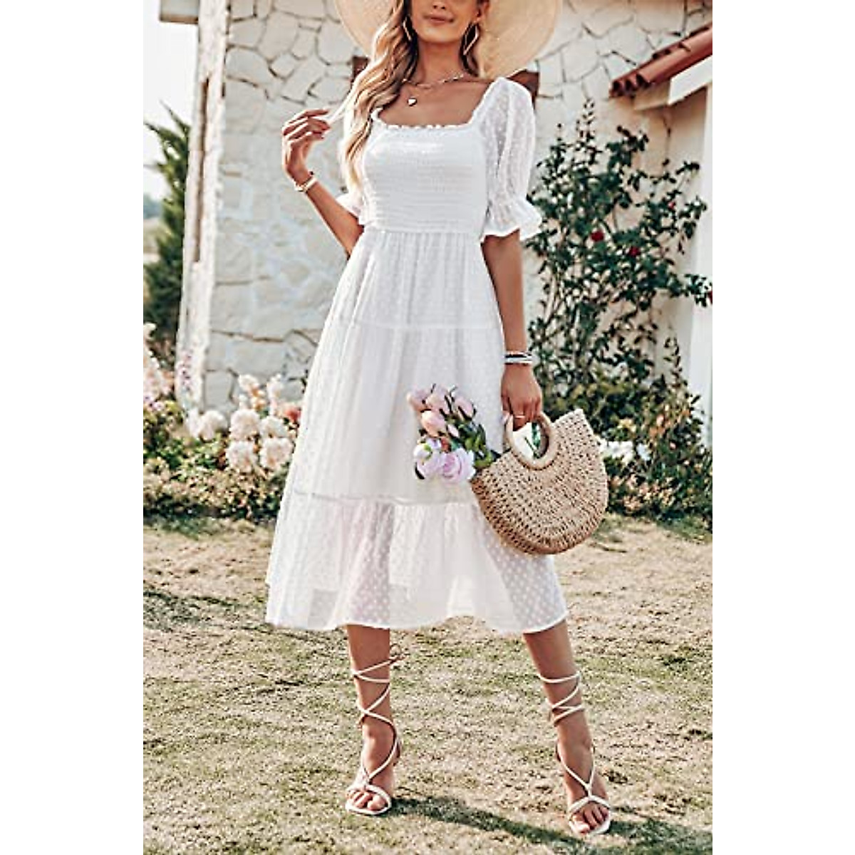 MEROKEETY Women's White Dress Summer Square Neck Puff Sleeve Boho Midi Dress Swiss Dot Ruffle Flowy Tie Back Dress, White, S