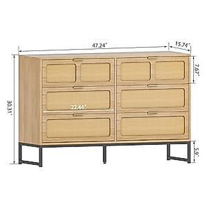 Fiogmub Rattan 6 Drawer Dresser, Chest of Drawers，Modern Mid Century Closet Storage Wood Bamboo Furniture Accent Storage Cabinet Bedroom Living Room Dining Room