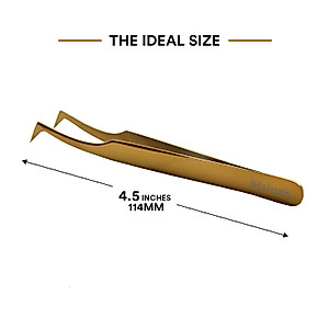 Volume Lashes Tweezers for Eyelash Extensions with High Precision Stainless Steel Gold Eyelash Extension Tweezers Mega L Curved Angled Tip Lash Extension Tweezers with Synthetic Leather Pouch
