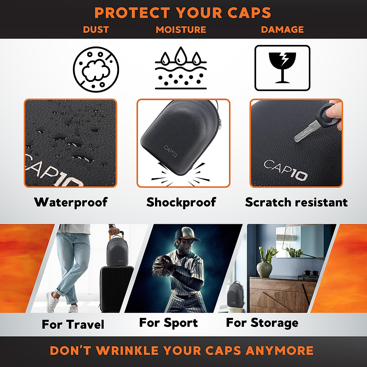 CAP10 Premium Hat Travel Case & Box - Superior Vegan Leather Cap Carrier & Organizer for Baseball Caps, New Era | Stylish Travel Hat Box for Ultimate Storage & Protection, Detachable Eyewear Box