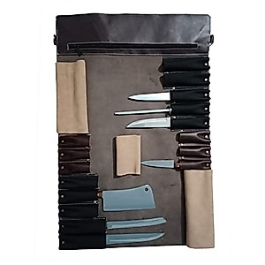 Professional Chef Genuine Premium Cowhide Leather Chef Knife Bag/Knife Roll 16 Pockets Space #F15 (Dark Brown)