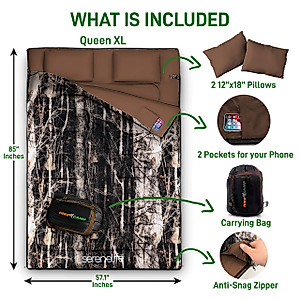 Backpacking Sleeping Bag Camping Gear - Double Sleeping Bag for Adults/Teens w/ 2 Pillows, Bag - Outdoor Lightweight Weather Proof Sleeping Bags - Camping, Hiking - SereneLife SLSBRT (Real Trees)