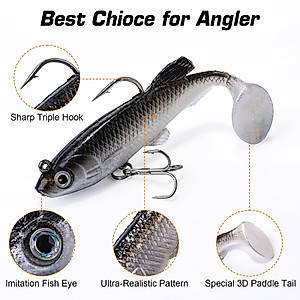 Goture Soft Fishing Lures jig Heads, Saltwater Freshwater Minnow Fishing Bait T Tail with jig Head, Fishing Lure Swim Shad Baits for Bass Fishing 5Pack