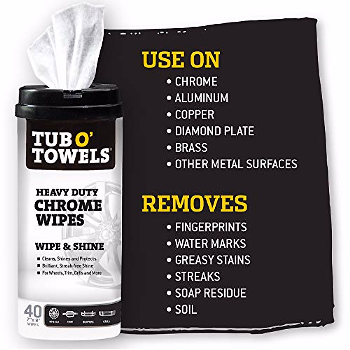 Tub O’ Towels Heavy Duty Chrome Wipes – Clean, Shine & Protect, 40 Count Wipes, TW40-CHR
