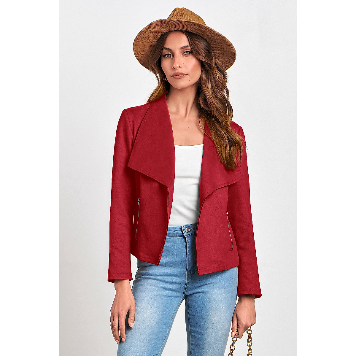 PRETTYGARDEN Women's Faux Suede Jackets 2025 Spring Fall Clothes Long Sleeve Open Front Cropped Coat Outwear (Red,Large)