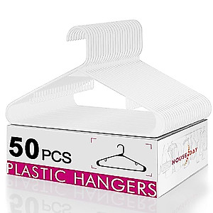HOUSE DAY White Plastic Hangers 50 Pack, Plastic Clothes Hangers with Hooks, Space Saving Plastic Coat Hangers for Closet, Clothing Hangers Adult Hangers for Shirts, Coats, Skirt, Dress