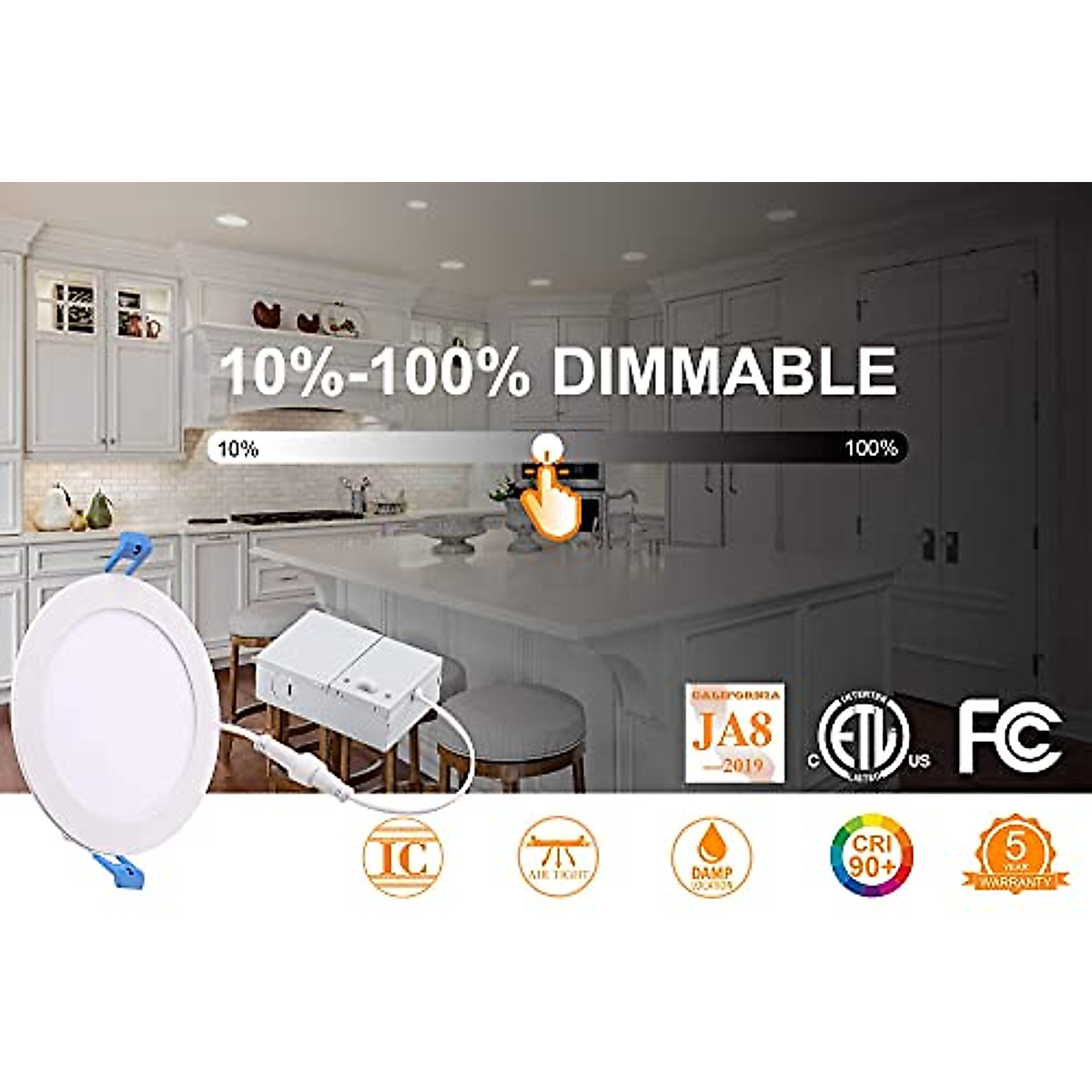 CLOUDY BAY 6 inch 3000K/ 4000K/ 5000K Three Color Temperature Selectable, Dimmable 15W CRI 90+, Ultra Thin LED Recessed Light with Junction Box, IC Rated, Air Tight, ETL/JA8, White, 12 Pack