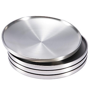 Sumerflos 304 Stainless Steel Dinner Plate, 9" Double-layer Round Dessert Plate, Serving Camping Salad Plate for Homr Kichten, Outdoor Camping, Snack and BBQ - Set of 4
