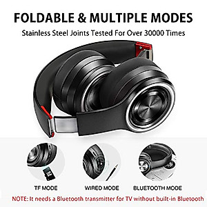 Picun P26 Bluetooth Headphones Over Ear 80H Playtime Hi-Fi Stereo Wireless Headphones Deep Bass Foldable Wired/Wireless/TF for Cell Phone/PC Bluetooth 5.0 Wireless Headset with Mic (Black Red)