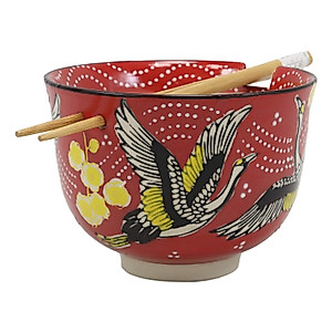 Ebros Gift Red Sky Flying Crane Ramen Udong Noodles 5" Diameter Bowl With Built In Chopsticks Rest and Bamboo Chopstick Set for Dining Soup Rice Meal Cereal Bowls Decor Kitchen Asian Fusion