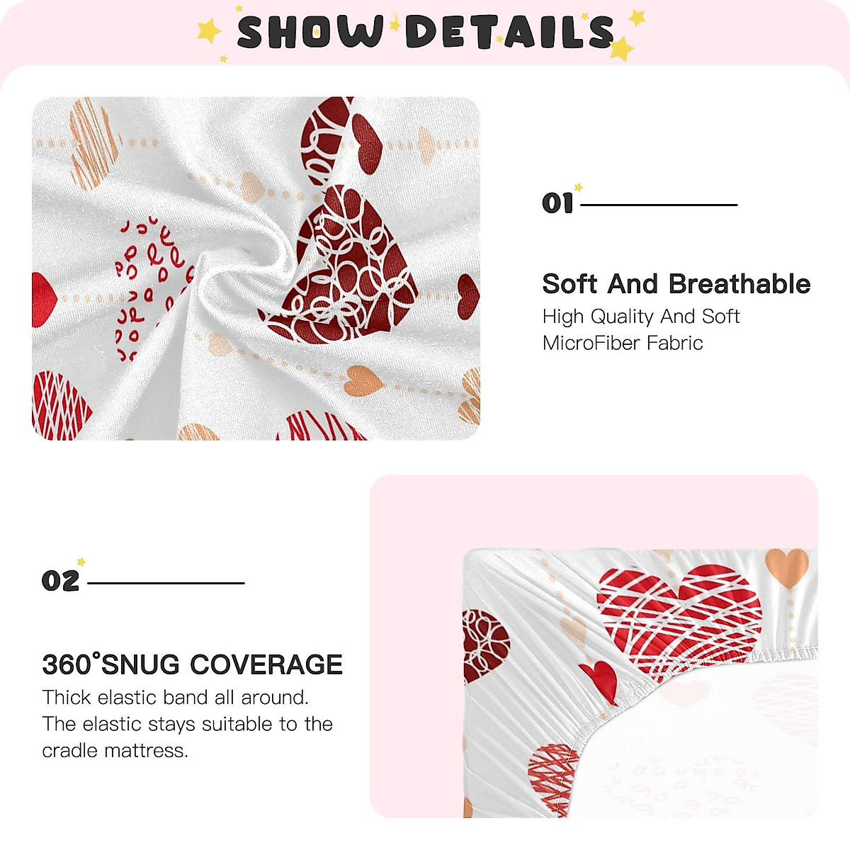 Valentines Day Hearts Baby Crib Sheets Soft Toddler Bed Sheets Breathable Mattress Cover Crib Mattress Sheet for Boys Nursery Crib Mattress, 52 * 28 * 9in