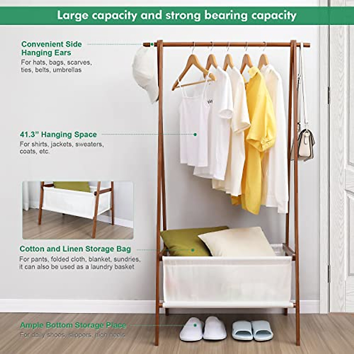 Jotsport Bamboo Clothing Rack Foldable Clothes Hanging Stand with Cloth Storage Bag for Laundry, Bedroom, Guest Room, Entryway, Dressing Room