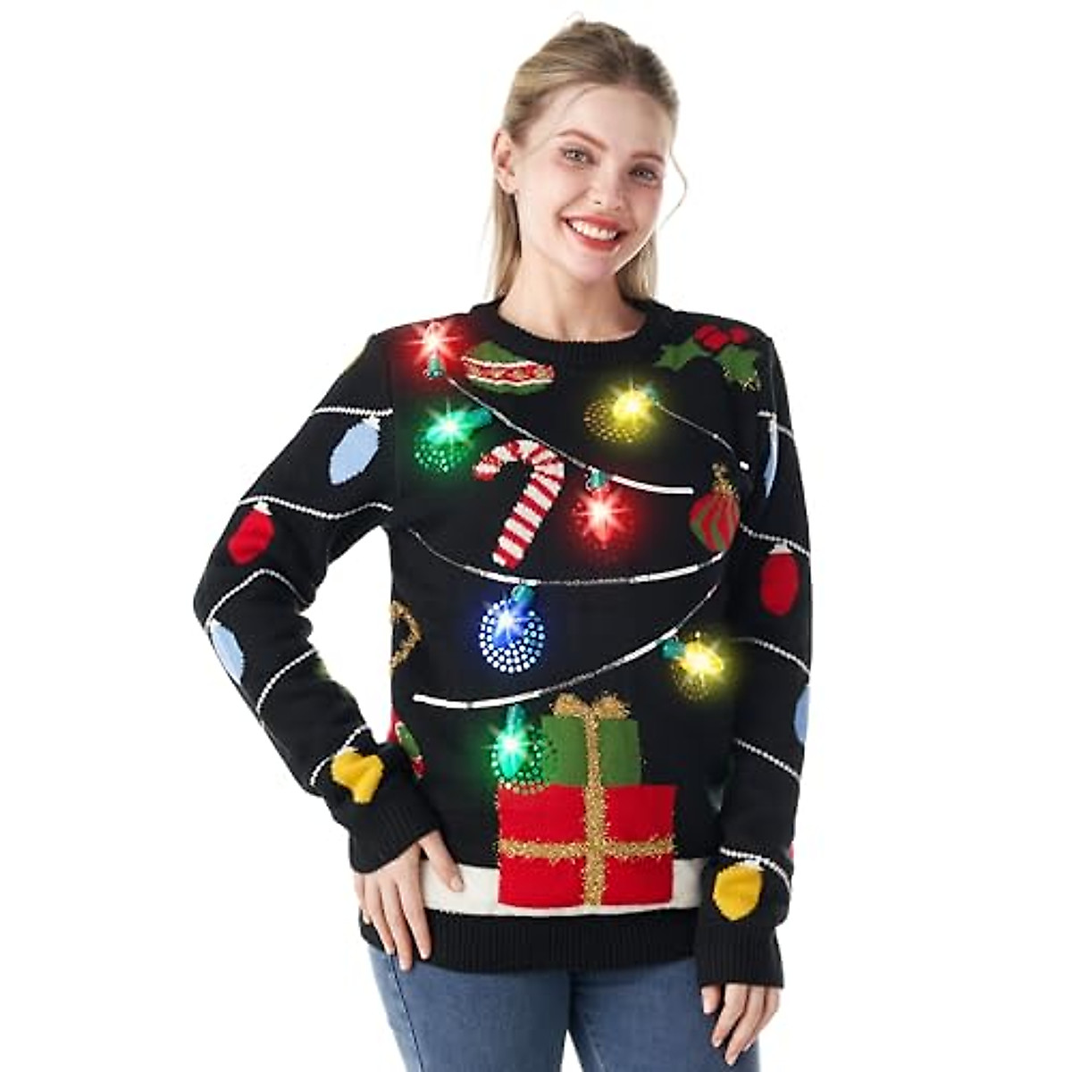 JOYIN Womens LED Light Up String Light Ugly Christmas Sweater Built-in Light Bulbs (X-Large, Black)