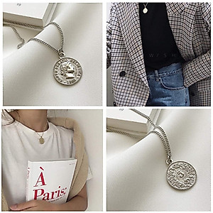 Dtja Carved Coin Pendant Necklace for Women Men 18K White Gold Plated Simple Round Chain Goddess Worship Celebrity Medal Reversible Keepsake Chic Choker Fashion Jewelry Gifts Box