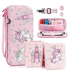 FANPL Carrying Case for Nintendo Switch & OLED Mode, Pink Cute Unicorn Travel Hard Protectiv Cover for Switch with Games Case