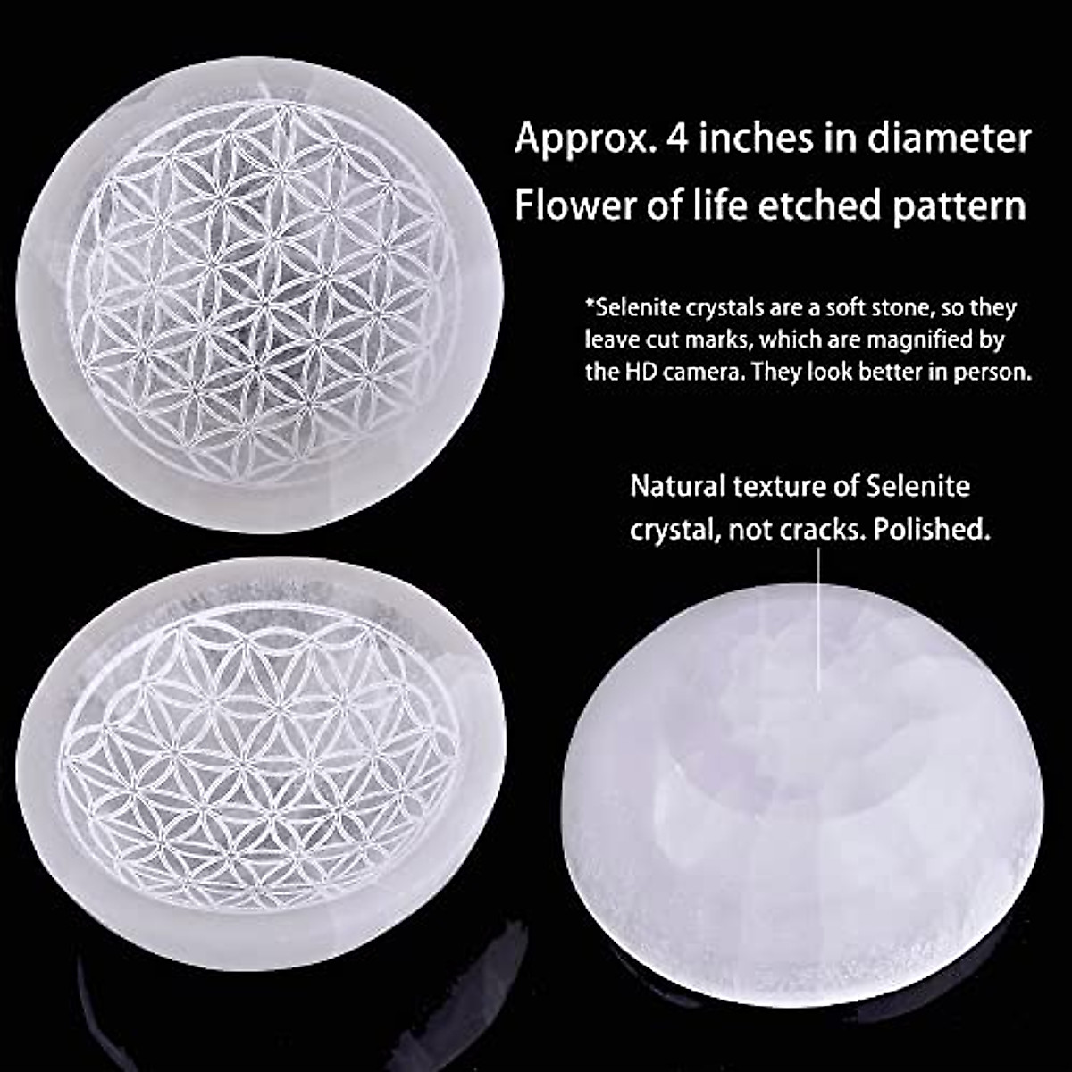 CNYANFEI 4” Flower of Life Etched Selenite Bowl for Charging Selenite Tray Natural Crystal Holder Bowl White Satin Spar Crystal Decorative Stone Bowl for Jewelry Storage Gemstone Altar Decor
