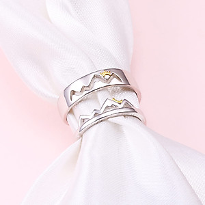 JZMSJF 2Pcs Sterling Silver Mountain Sun Moon Matching Couple Rings Set Adjustable His and Hers Promise Rings for Couples Men Women Wedding Engagement Bands