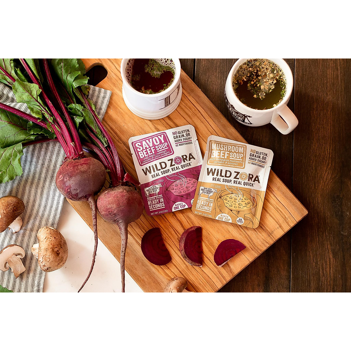 Wild Zora Instant Keto-Friendly Soups 5-Pack Variety, Broth Made with Grass-Fed Beef, Free-Range Chicken, and Vegetables, Gluten-Free, Low Carb, No Added Sugar, Flavorful Pantry Staples - 0.5oz/13g