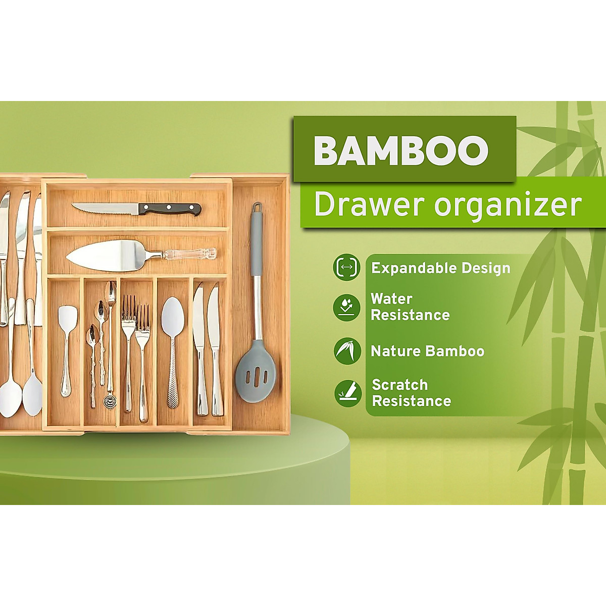 Nature Gear Kitchen Drawer Organizer - 9 Section Expandable Bamboo Storage for Flatware - Housewares - Bath & Vanity - Tool Utility Caddy Adjustable Tray