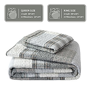 KALOOLA Grey Quilts Queen Size, 100% Cotton Queen Quilt Bedding Set, Farmhouse Rustic Striped Bedspreads, Lightweight Coverlet for All Seasons, 3 Pieces