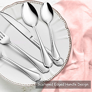 20-Piece Silverware Set, E-far Stainless Steel Flatware Cutlery Set Service for 4, Metal Tableware Eating Utensil Set, Dinner Knives/Forks/Spoons, Scalloped Edge & Mirror Polished - Dishwasher Safe
