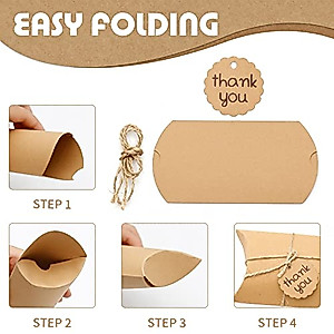 Saihisday 50PCS Kraft Pillow Boxes, 5.2x3.5x1.6 Inches Candy Favor Paper Box, Brown Gift Box with Tag for Candy Chocolate Bakery Birthday Graduation Wedding Party ("Thank you" Text Tag)