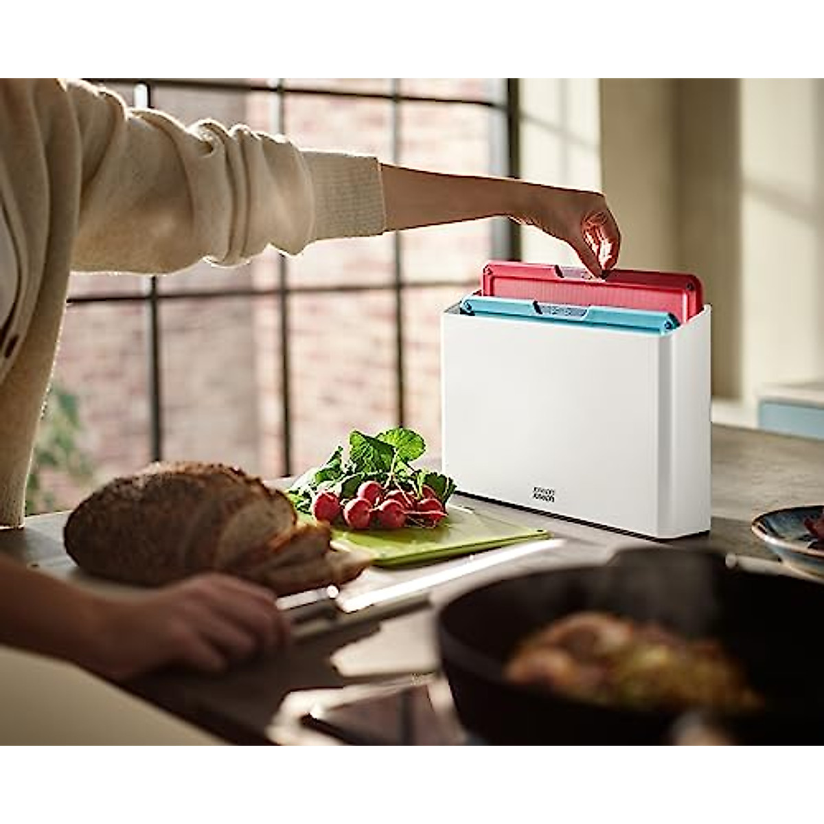 Joseph Joseph Folio Icon, 4-Piece Color coded Cutting Board Set, Slimline Case for Organized Kitchen Storage - Regular, White