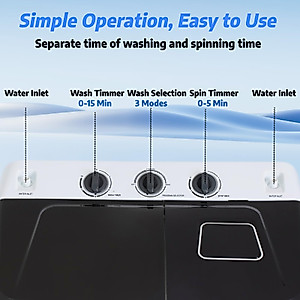 Nictemaw Portable Washing Machine Twin Tub 30Lbs Washer and Spin Dryer Combo, Compact Laundry Washer (19Lbs) and Spinner (11Lbs) with Built-in Drain Pump for Apartment,RV,Dorms, Black+White