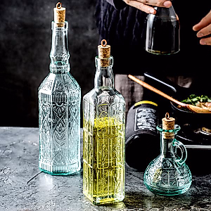 Bormioli Rocco Set Of 2 Country Home Helios Oil Bottle, 8-ounce With All Natural Cork Lid, Blue-green Tinted Star Glass, Elegant And Floral Design Made In Italy.