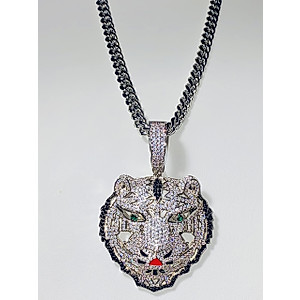 8mm Miami Cuban Link Chain Bengal Tiger Big Custom Cuban Pendant Iced Diamond cz Men Women 925 Italy Men's Choker Chain, 14k White Gold Silver Miami Cuban 6mm Chain Necklace Choker, Diamond Pendant (22" Chain Pendant)