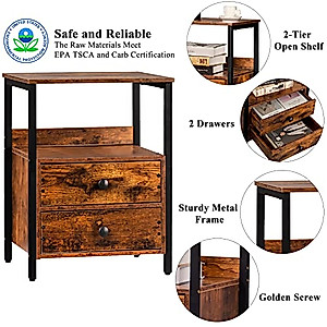 Lerliuo Nightstand, Side Table, Industrial Bedside Table with 2 Drawers and Open Shelf, Brown Night Stand, End Table with Steel Frame for Bedroom, Dorm, Brown/Black 23.6''H (Brown)