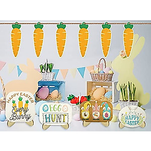 Hying 10 PCS Easter Bunny Gnomes Tiered Tray Decoration, Easter Eggs Mini Wooden Signs Words Letters Garland Carrot Rabbits Tabletop Signs for Home Farmhouse Rustic Kitchen Decor