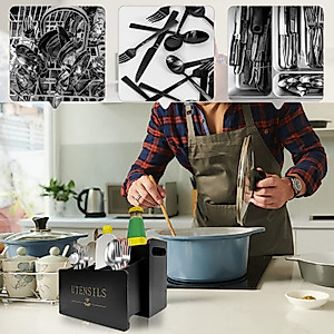 Yleric kitchen utensil organizer for countertop,wooden utensil holder organizer-5 compartments with splints,The tableware rack is used for storing knives, forks, spoons and napkins. (black)