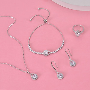 DHQH 4PCS Wedding Jewelry for Bridesmaid Cubic Zirconia Teardrop Necklace Earrings Bracelet Ring Set Bridesmaid Jewelry Set for Women Party Jewelry Gifts
