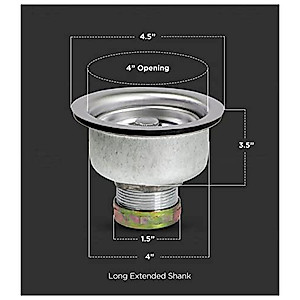 Highcraft 9753 Kitchen Sink (3-1/2 Inch) Stainless Steel Drain Assembly with Strainer Basket and Rubber Stopper Long Extended Shank (3-3/4 Inch)