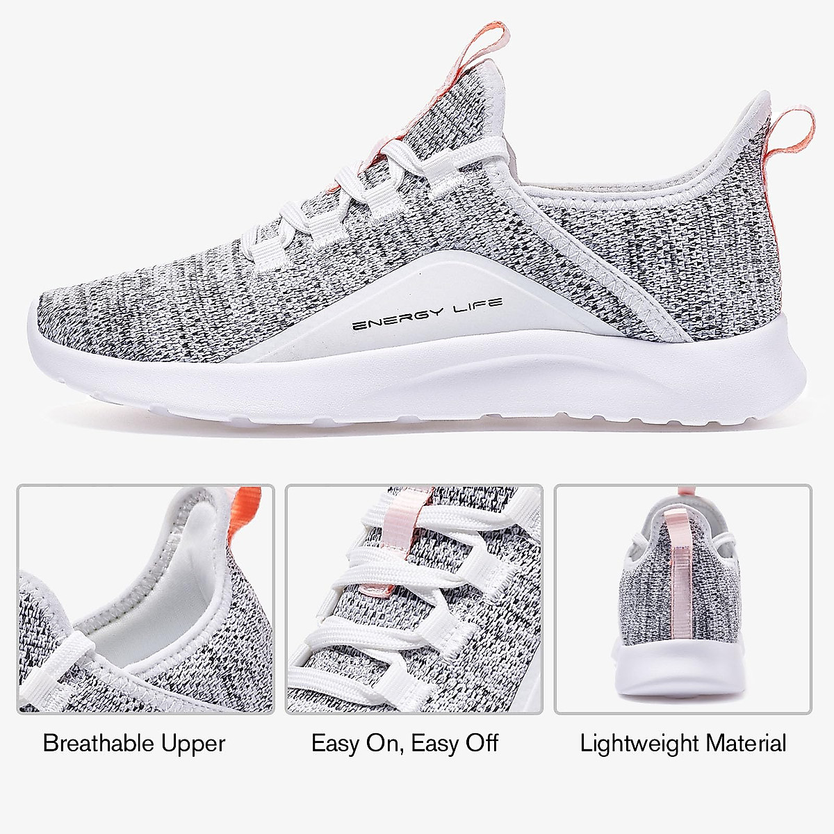 ALEADER Women's Energycloud Slip On Walking Shoes Pure Running Shoes for Gym Workout Treadmill Running Errands White Gray Size 6.5 US