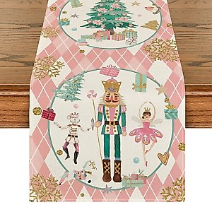 Artoid Mode Pink Diamond Plaid Nutcracker Snowflake Christmas Table Runner, Seasonal Winter Kitchen Dining Table Decoration for Home Party Decor 13x72 Inch