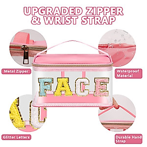 Iqimott Preppy Clear Makeup Cosmetic Bag for Women Travel, Nylon PVC Chenille Glitter Letter Toiletry Storage Tote Bag, Transparent Waterproof Organizer Zipper Pouch with Handle(Face, Pink)