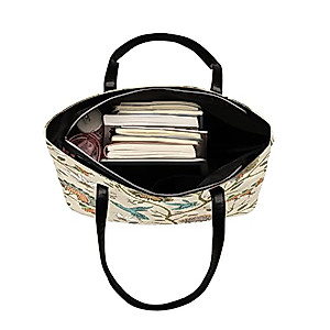 Ethnic Flower Shoulder Tote Bag for Women Girls, Leather Handle Bag Durable Hummingbird Latop Tote Bag With Zipper Pocketfor School Work Travel
