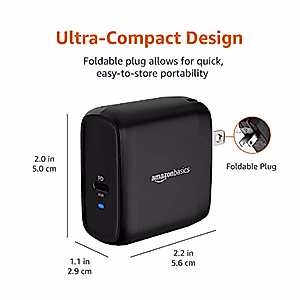 Amazon Basics 65W One-Port GaN USB-C Wall Charger with Power Delivery PD for Laptops, Tablets and Phones (iPhone 14/13/12/11/X, iPad, MacPro, Samsung, and more)-Black (non-PPS)