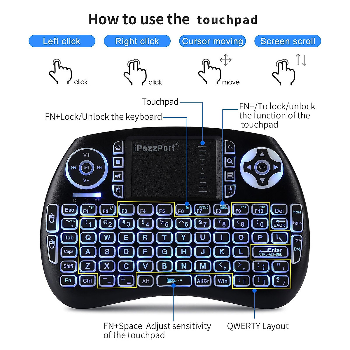 iPazzPort (Newest Upgrade) Mini Bluetooth Keyboard with Touchpad (Handheld Keyboard), Backlit Mini Wireless Keyboard with 2.4G USB Dongle for Google/Android TV Box/FireStick/Laptop/PC KP-21SM