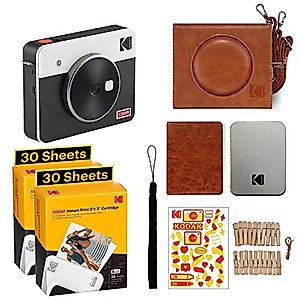 KODAK Mini Shot 3 Retro 4PASS 2-in-1 Instant Digital Camera and Photo Printer (3x3 inches) Initial 8 Sheets + 60 Sheets Gift Bundle, White (NOT Zink)