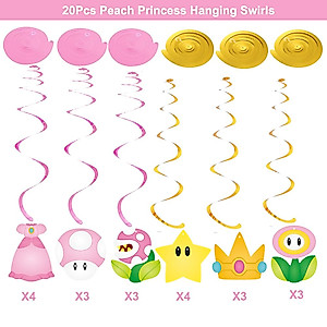 20Pcs Princess Peach Hanging Swirls, Pink Yellow Princess Peach Birthday Party Hanging Decor Whirl, Cartoon Ceiling Streamers for Girl Mario Princess Peach Party, Princess Baby Shower Decorations