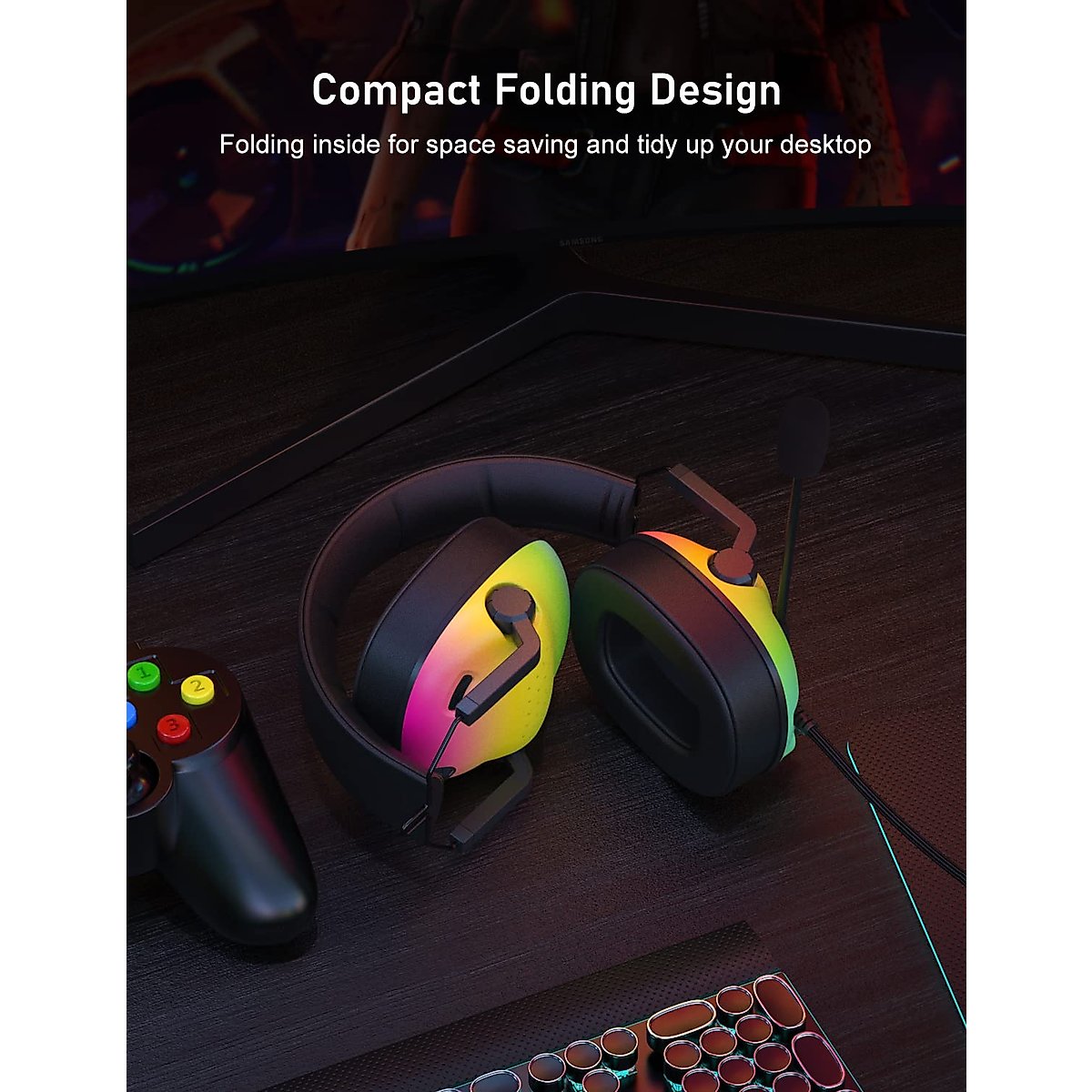 SENZER SG500 Surround Sound Pro Gaming Headset with Noise Cancelling Microphone - Soft Memory Foam Padding - Portable Foldable Headphones for PC, PS4, PS5, Xbox One, Switch - Gradient