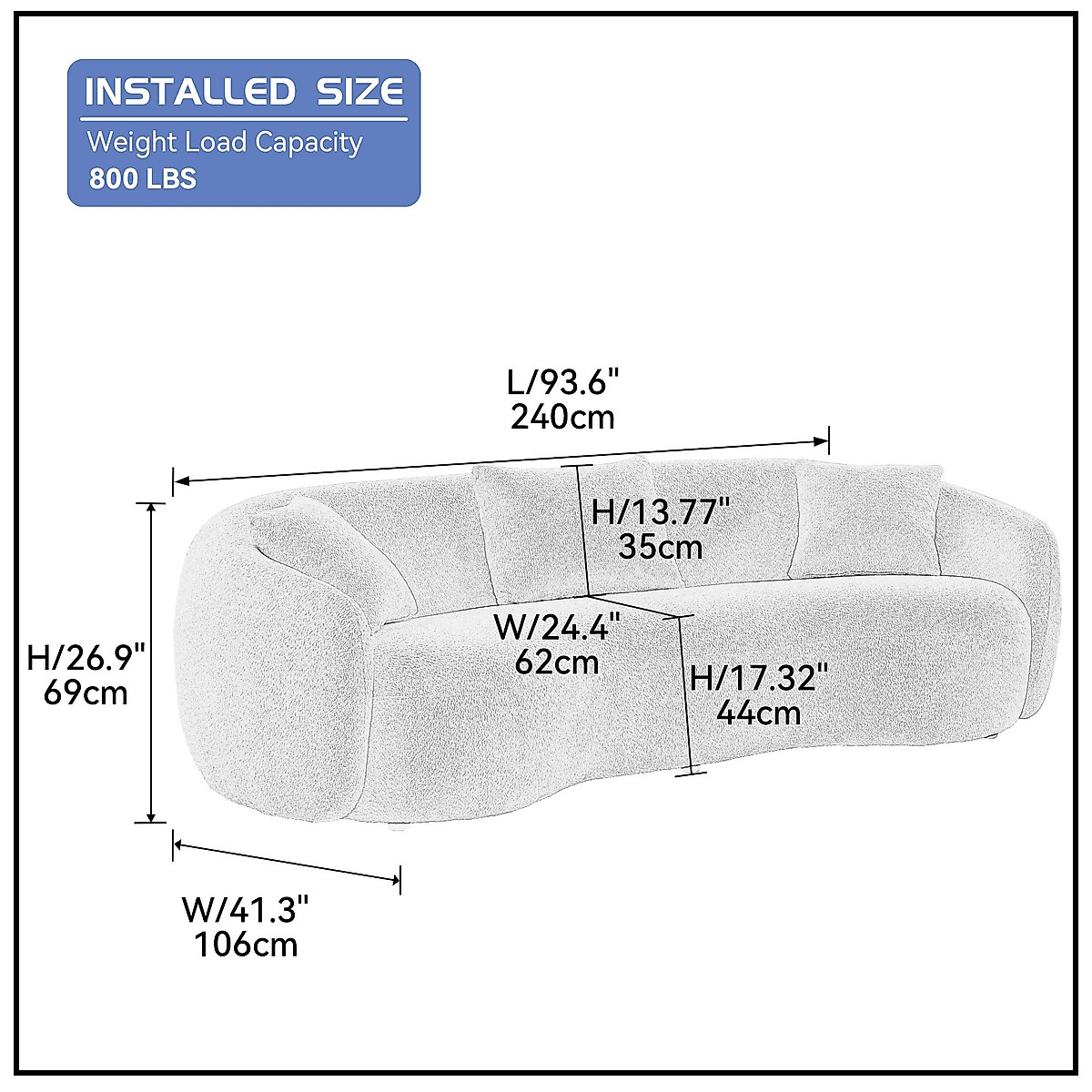 LyuHome Curved Sofa Couch, 93.6" 4-Seater Modern Boucle Sectional Sofa Couch, Comfy Cloud Upholstered 4 Seat Leisure Cushion Sofa with Pillows for Living Room, Bedroom, Office, Apartment,White