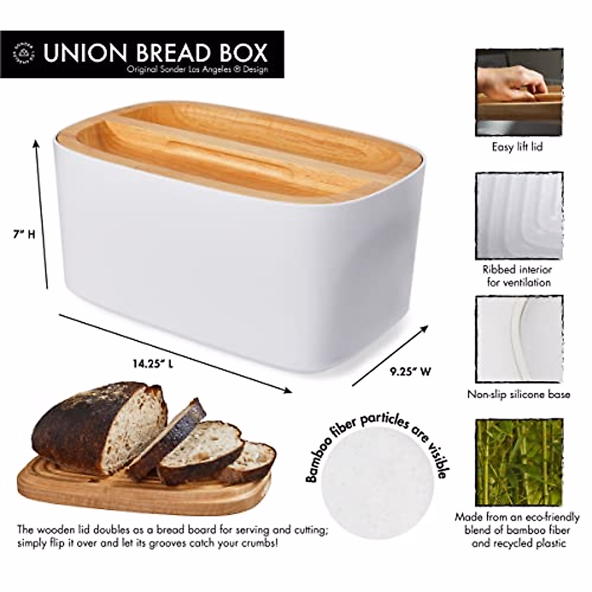 Sonder Los Angeles, Modern Bamboo Fiber (White) Bread Box for Kitchen Countertop with Reversible Wood Serving Lid, Homemade Bread Storage 14.25 x 9.25 x 7in, Storage Bin and Bread Container