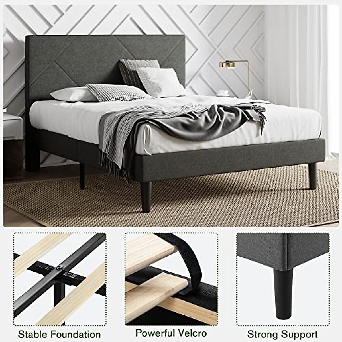 IMUsee Full Size Bed Frame, Upholstered Bed Frame with Geometric Headboard, Heavy Duty Mattress Foundation with Wooden Slats, Easy Assembly, Dark Grey