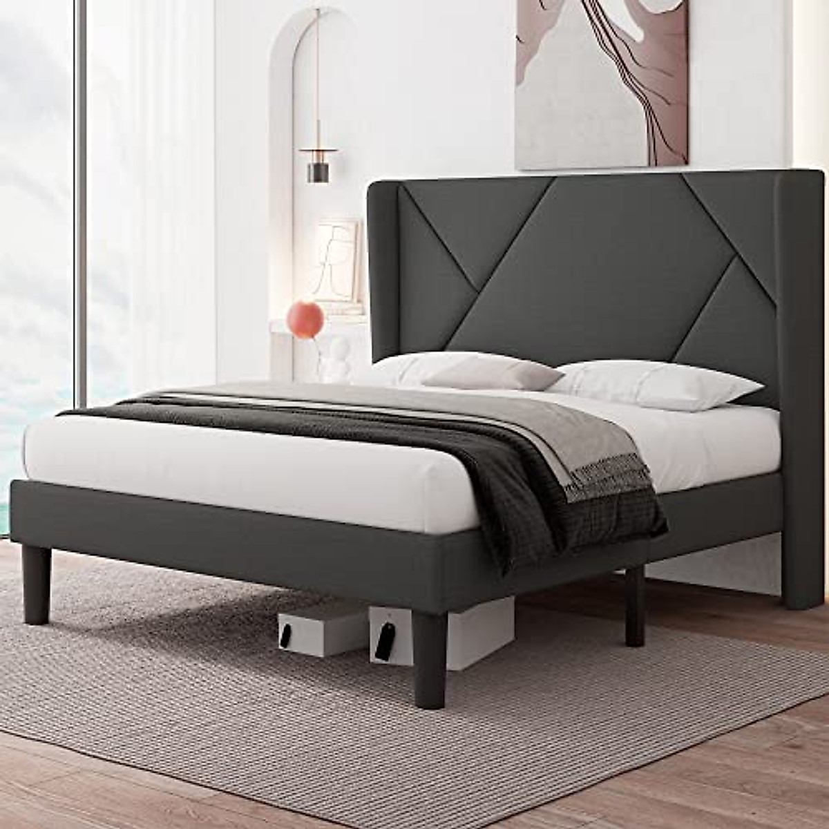 iPormis Queen Size Modern Wingback Bed Frame, Geometric Upholstered Platform Bed with 24" Headboard, 8" Storage Space, Wood Slats Support, No Box Spring Needed, Dark Grey