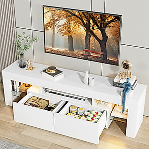 JUMMICO TV Stand, Modern Lighting TV Cabinet Entertainment Center Media and Open Shelf, TV Console Table with 1 Drawer and Remote Control, 20 Color LED Lights up to 70 Inch TV (White)